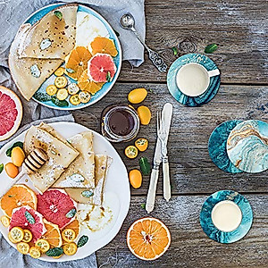 Dooke Coasters for Drinks, Round Absorbent Ceramic Stone Coasters Set of 6 with Cork Base, Funny Drink Coasters with Holder for Cold Drinks Wine Mugs and Cups Tabletop Protection, 4 Inches,Teal Marble