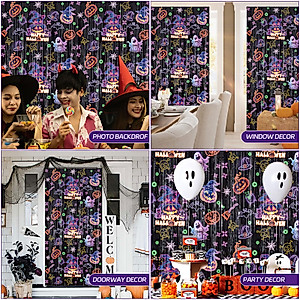 HOWAF 2 Packs Neon Halloween Ghost Fluorescence Foil Fringe Curtains Decoration 3.2 * 6.5ft Halloween Horror Night Glow UV Neon Pumpkin Bats Foil Fringe Photo Booth Backdrop Streamer Tinsel Curtains