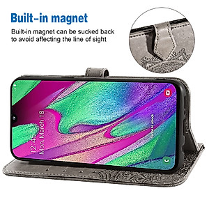 Compatible with Samsung Galaxy A40 Wallet Case and Tempered Glass Screen Protector Leather Mandala Flower Flip Cover Credit Card Holder Stand Cell Phone Cases for Glaxay A 40 Gaxaly 40A Women Men Gray