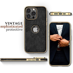 LOHASIC PU Leather Case for iPhone 13 Pro Max, Stronger Magnet Compatible with Mag-Safe, Fit for Mag Car Mount, Luxury Logo View, Vintage ProMax Phone Cover Men Women, 6.7 Inch - Black Gold