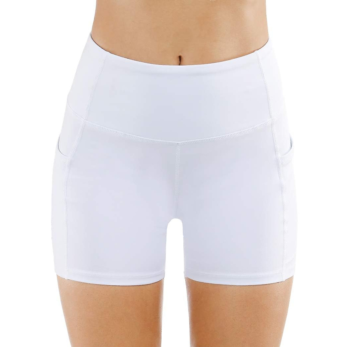 THE GYM PEOPLE High Waist Yoga Shorts for Women Tummy Control Fitness Athletic Workout Running Shorts with Deep Pockets (Small, White)