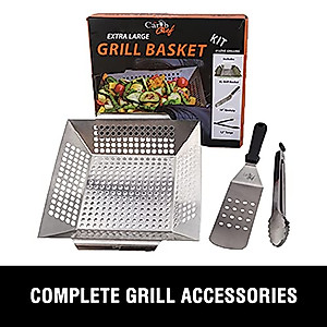 Large Vegetable Grill Basket Heavy Duty BBQ Grilling Accessories Nonstick Stainless Steel Cooking Baskets Veggie and Meat Best BBQ Utensil Set work on all Outdoor Barbecue & Smoker weber Grill Gift