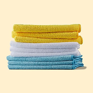 Amazon Basics Microfiber Cleaning Cloths, Non-Abrasive, Reusable and Washable, Pack of 48, Blue/White/Yellow, 16" x 12"