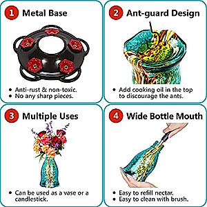 LUJII Hummingbird Feeders for Outdoors with Ant Guard, Blown Glass Hummingbird Feeder for Outside Hanging, 25 oz, Never Leak, Unfading & Anti-Rust, Flower Vase, Garden Backyard Patio Decor, Blue