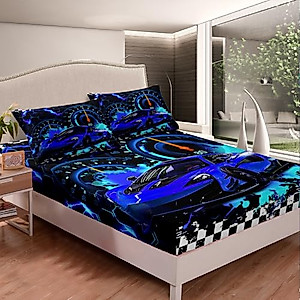 Feelyou Kids Blue Race Car Bedding Set Twin Size, Speed Sports Car Bed Sheet Set Boys Girls for Racing Car Fitted Sheet Extreme Sports Bed Cover Bedroom Decor with 1 Pillow Case (No Flat Sheet)