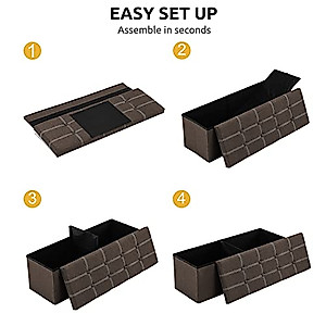 YOUDENOVA 43 Inches Folding Storage Ottoman Bench, Storage Chest Foot Rest Stool with Wooden Divider, Bed End Bench with 120L Large Storage Space, Linen Fabric Brown
