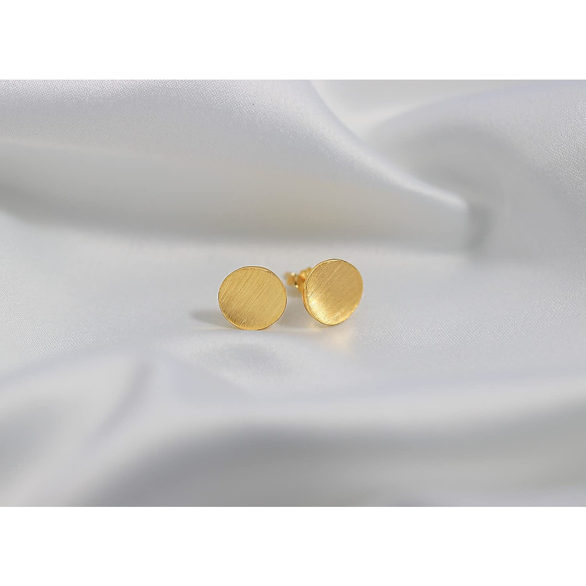 14K Gold Plated Sterling Silver Curved Round Stud Earring Brushed Disc Gold Earrings for Women
