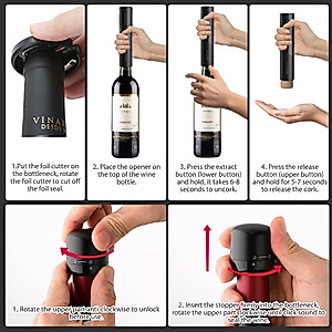Saraudy Electric Wine Opener Set, Electric Wine Opener with Foil Cutter, and 2 Wine Stoppers, Battery Powered Wine Opener, Electric Corkscrew for Wine, Ideal Present for Party, Wine Lovers (Black)