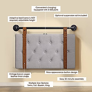 GREENSTELL Wall Mount Headboard with USB for King Size Bed, Linen Fabric Headboard Only, Industrial Pipe Modern Style, Gray Hanging Head Boards, Durable, Comfortable, Button Upholstered for Bedroom