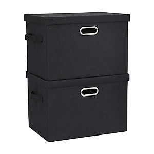 BinWhiz Storage Bins with Lid, Fabric Cube Bins Organizer Basket, Foldable Storage Box Containers with Handles for Closet Shelf Home Office Utility Room, 2-Pack (Small Size: 15x11x8.3 Inch, Black)