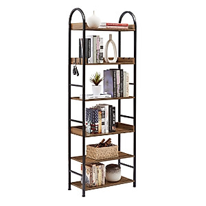 Petfu 70.8 Inch Bookshelf,Shelf,Shelves,Narrow Bookshelf,Bathroom Shelves,6-Tier Shelves with Round Top Frame,Adjustable Foot Pads,Living Room,Bathroom,Balcony,Kitchen,MDF,Brown