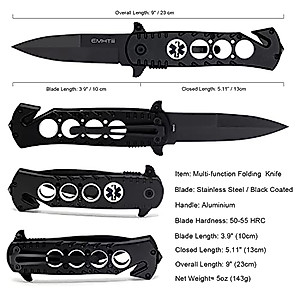 EMHTiii Pocket Folding Knife for Men - Women Multitool Camping EDC Knives with Clip, Liner Lock, Glass Breaker, Seatbelt Paracord Cutter, Black Blade