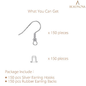 BEADNOVA Fish Hook Earring Hooks 150pcs Earring Findings with Earring Backs for Earring Supplies Earrings Making DIY (150pcs Silver Earring Hooks and 150pcs Earring Backs, Total 300pcs)