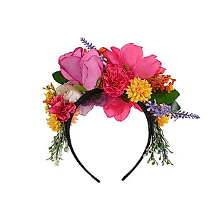 Vividsun Flower Crown Day of the dead Headpiece Party Fiesta Flower Headband (Pink fuchsia green leaf)