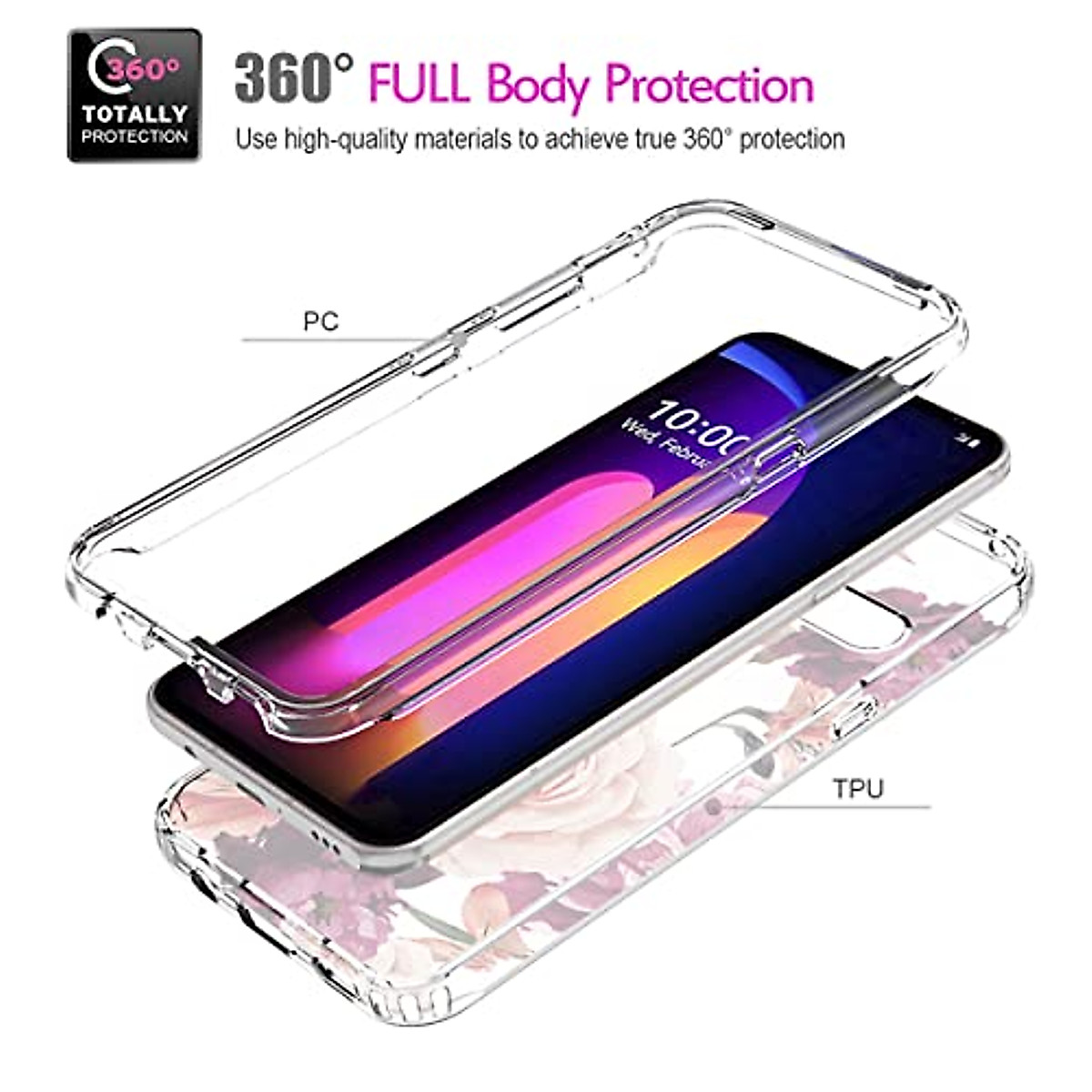 Vavies Case for LG V60 ThinQ 5G Case/LG V60/LM-V600 Case with Tempered Glass Screen Protector, Full Body Clear Flexible with Floral Design Protection Phone Cover Cases for LG V60 (Purple Flower)