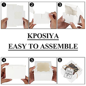 KPOSIYA 60 Pcs White Bakery Boxes with Window 4x4x2.5 Inches Cookie Boxes Kraft Paper White Gift Box for Pastries, Cookies, Pie, Donuts, Macaron, Small Box with Twine and Thank You Tag(White,60)