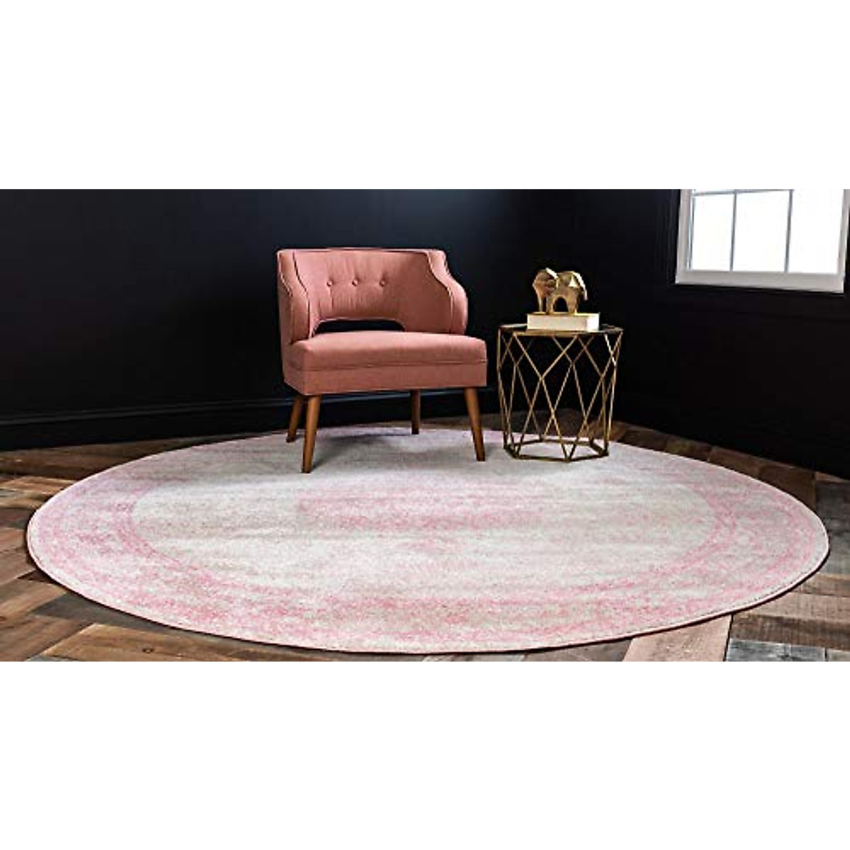 Rugs.com Dover Collection Rug – 3 Ft Round Pink Low-Pile Rug Perfect for Kitchens, Dining Rooms