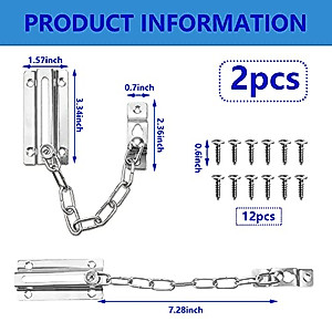 Door Chain Lock, 2 Pack Stainless Steel Chain Locks with 12 Screws, Sliver Security Thickened Chain Guard with Lock for Inside Door Kids Home Safety