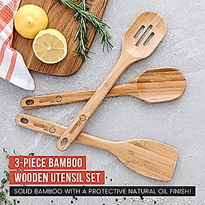 Chef Pomodoro Wooden Cooking Utensils 3-Piece Set, Bamboo | Large 12.5-Inch, Wooden Spatula for Cooking, Kitchen Utensil Set | Wooden Kitchen Frying Set,