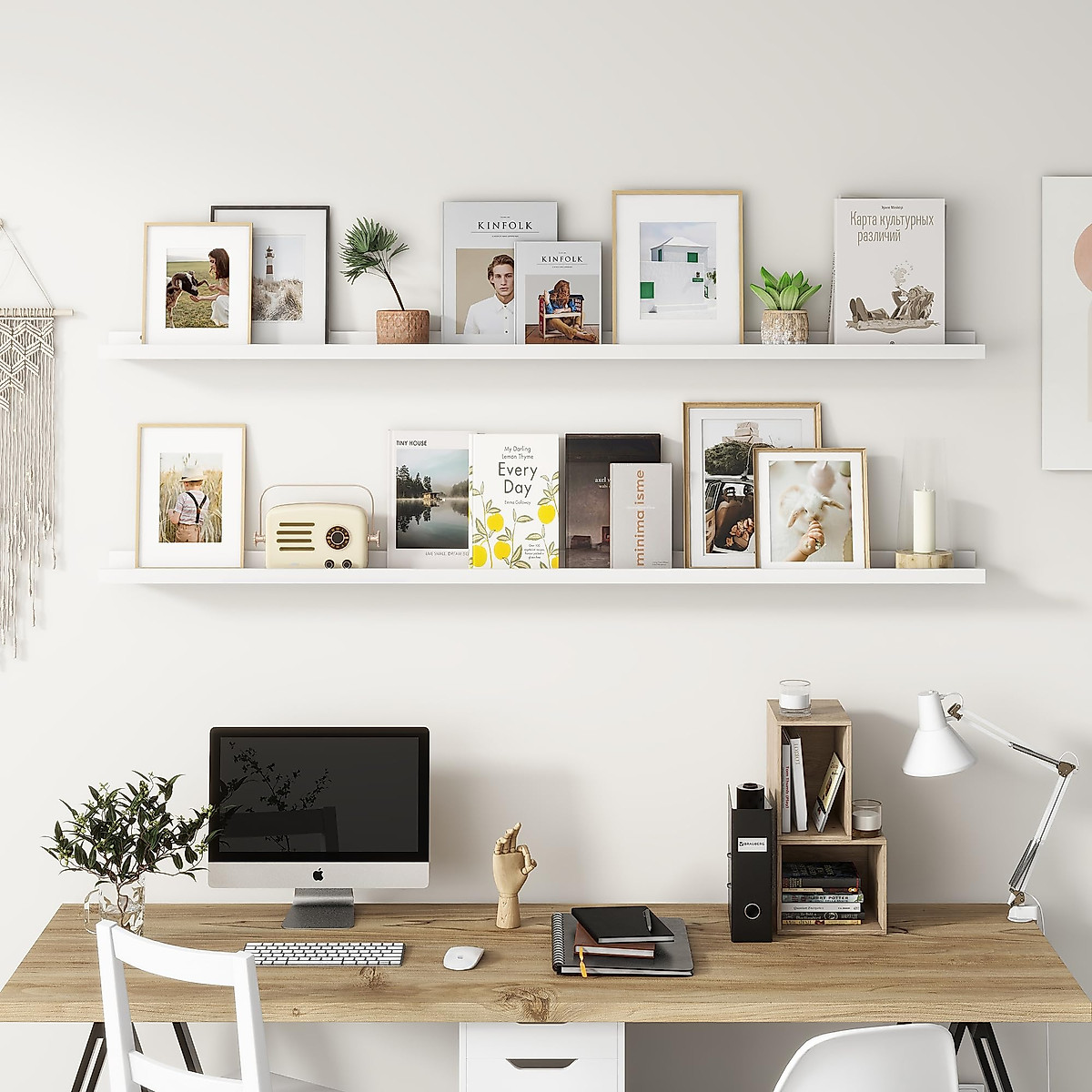 Picture Ledge Shelf, Floating Shelves Set of 2, Solid Pine Wood 72'' Long Large Nursery Book Shelves for Toys Storage, Kids Bookshelf for Living Room Bedroom Decor Books Photo Frames, White