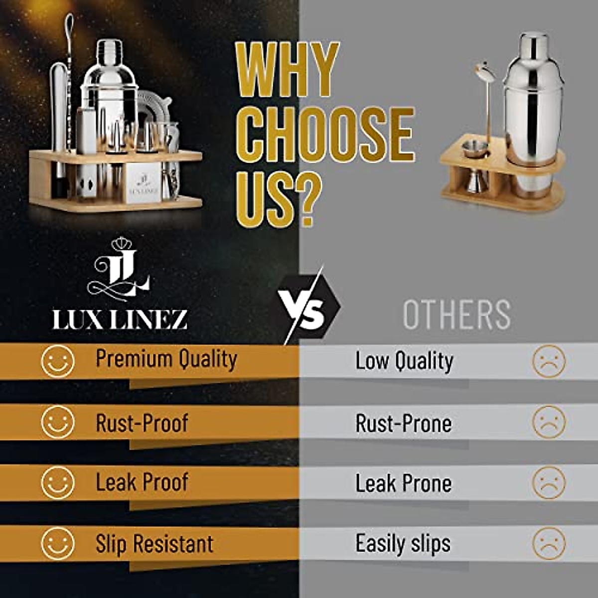 LUX LINEZ Bartender Kit-Cocktail Shaker Set with Anti-Slip Bamboo Stand-10 pcs Cocktail Set with All Essential Bar Tools-Cocktail Kit for Your Home and an Awesome Bar Set for a House Warming Gift