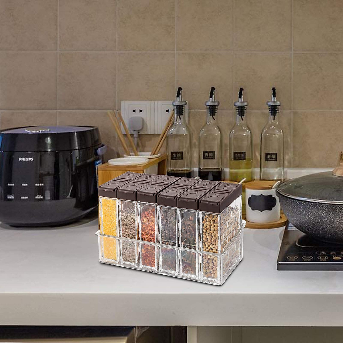 TOPZEA 12Pcs Spice Shaker Jars, Travel Seasoning Box with 2-in-1 Lids Empty Condiment Set Plastic Seasoning Storage Container Dispenser for Spice, Salt and Pepper, Clear