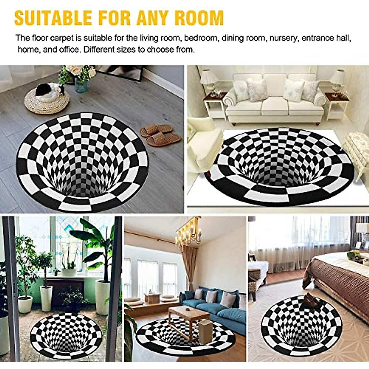 FDGDFG 3D Vortex Illusion Rug, 2022 New Black White Plaid Round Rugs 3D Visual Optical Floor Mat, Abstract Geometric Non-Slip Optical for Living Dinning Room Bedroom Kitchen (40x40in, MDKJ-4)
