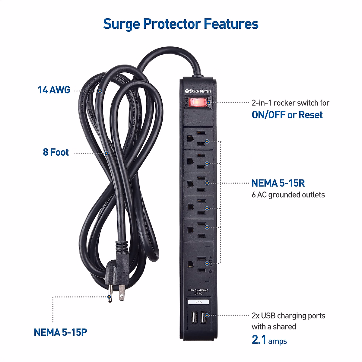 Cable Matters 2-Pack 6 Outlet Surge Protector Power Strip with USB, 8 ft Long Extension Cord (Surge Protector with USB Ports) in Black