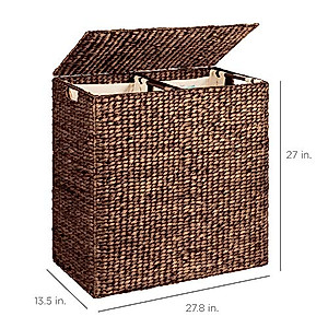 Best Choice Products Rustic Extra Large Natural Woven Water Hyacinth Double Laundry Hamper Storage Basket w/ 2 Removable Machine Washable Cotton Liner Bags, Divided Interior, Lid, Handles - Espresso
