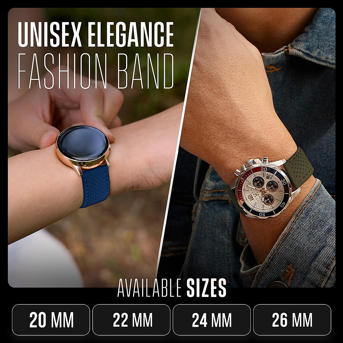 STUNNING SELECTION ALPINE Premium quality waterproof silicone watch band strap with quick release – Soft rubber black watch band 22mm - grey stitching