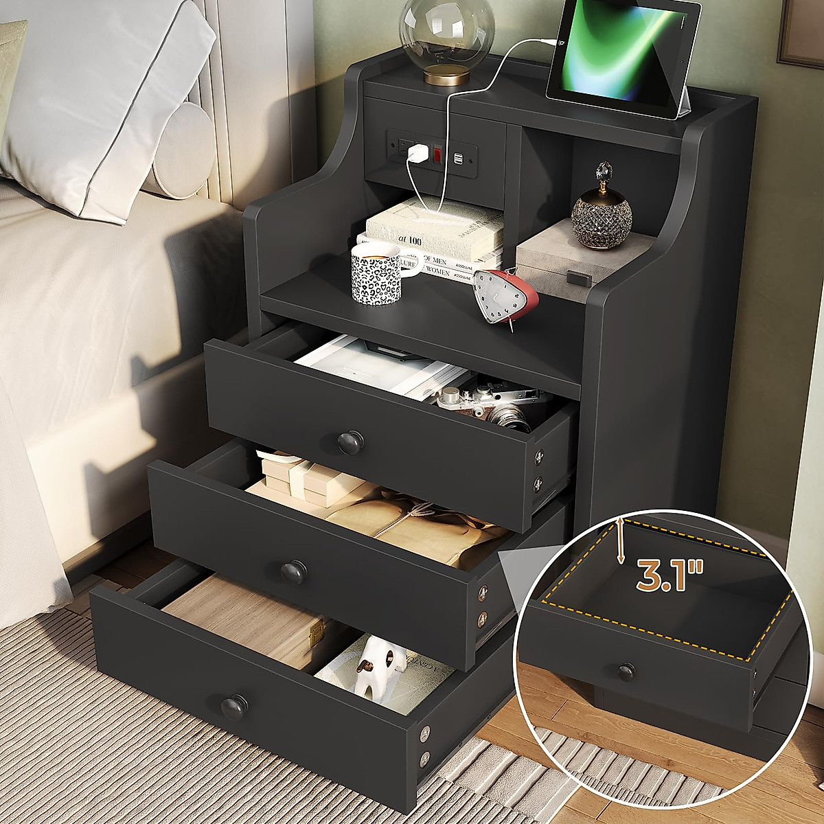 Tiptiper Black Nightstand with Charging Station 3 Drawers, Wood Sofa End Side Table with USB Ports and Outlet, Bedside Table Bedroom Nightstand with Sliding Drawer & Hutch