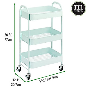 mDesign Metal 3-Tier Rolling Utility Storage Carts - Organizer Trolley for Bathroom, Kitchen, Laundry, Office, and Kids Rooms - Heavy Duty Caddy with 4 Caster Wheels - Mint Green