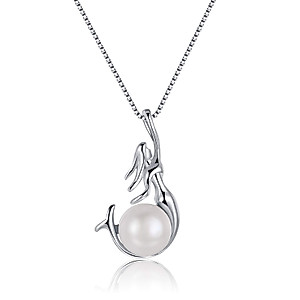 WRISTCHIE Womens Jewelry 925 Sterling Silver and Freshwater-Cultured Pearl Mermaid Pendant Necklace 18+2" (Silver) (Silver)