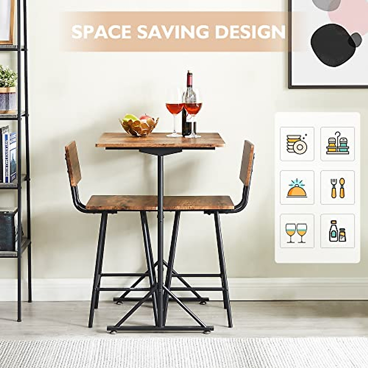 VECELO 3-Piece Bar Table Chairs, Square Counter Height Bistro Dinette Sets with 2 Barstools for Kitchen, Breakfast Nook, Small Spaces, Rustic Brown