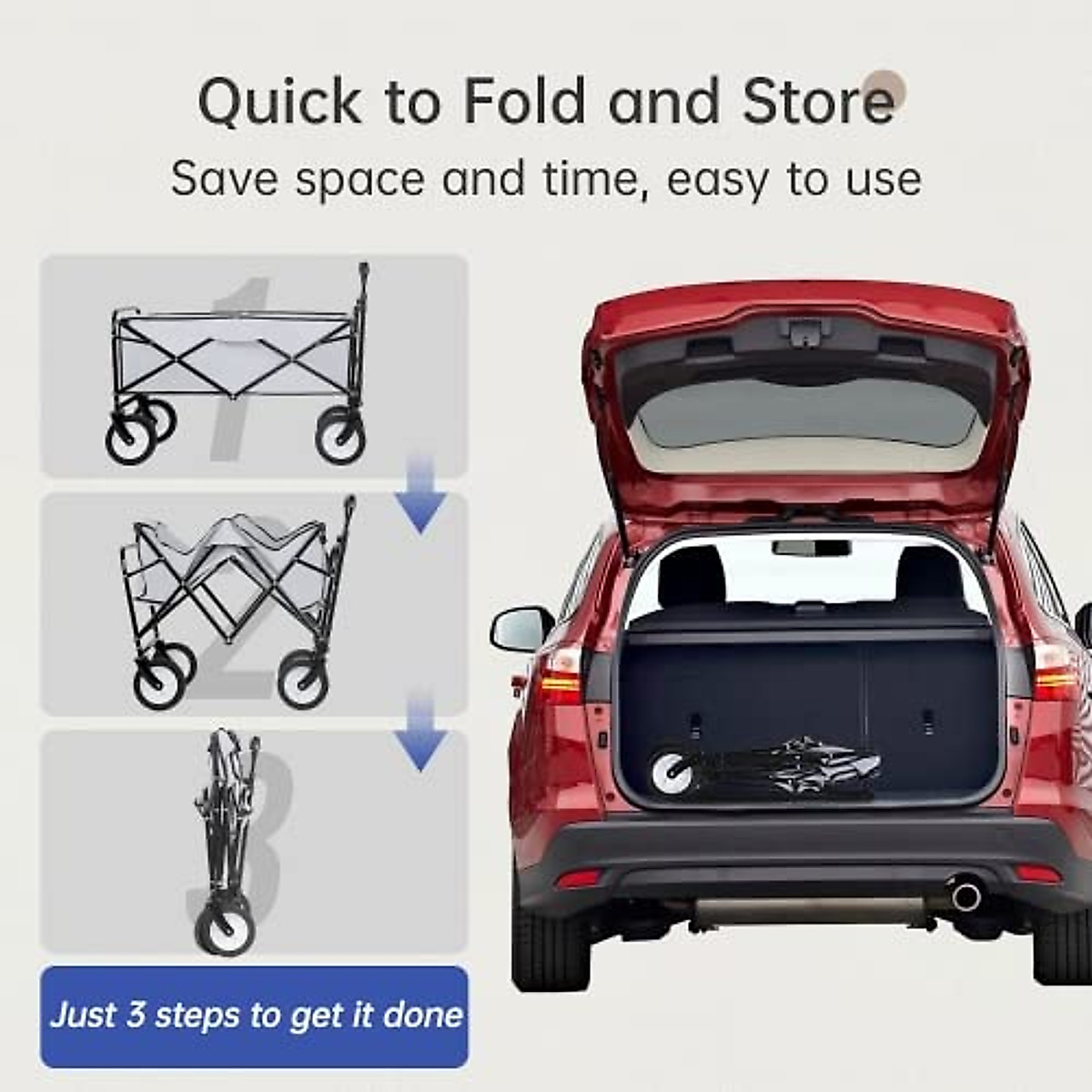 Utility Wagon Outdoor Collapsible Folding Wagon Cart, Portable Garden Cart - Heavy Duty Beach Cart with Adjustable Handles, All-Terrain Wheels and Cup Holders for Garden, Camping, Park Picnic (White)