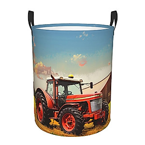 Company Farm Tractor Printed Circular Laundry Basket, Foldable Oxford Cloth Tote Bag Laundry Hamper, Toy Organizer, For Bathroo/Laundry Storage/Bedroom Storage/Medium