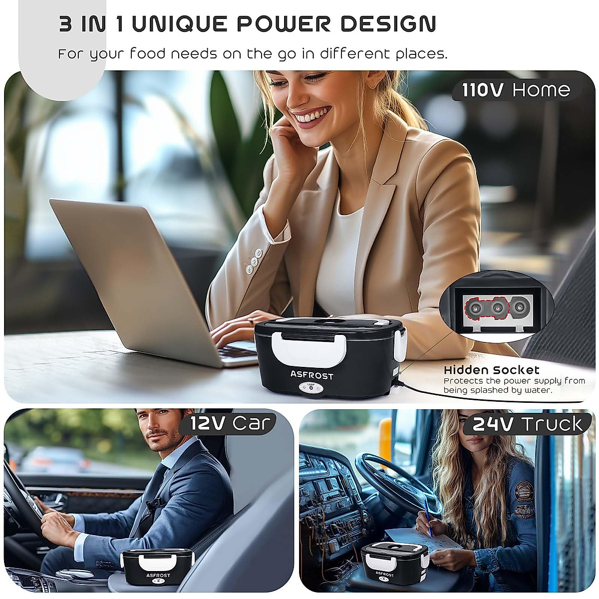 Electric Lunch Box Food Heater for Car Home Work, 12V 24V 110V 60W Faster Portable Food Warmer Heated Lunch Box for Adults, Removable 304 Stainless Steel Container 1.5L, Leak Proof, SS Fork & Spoon