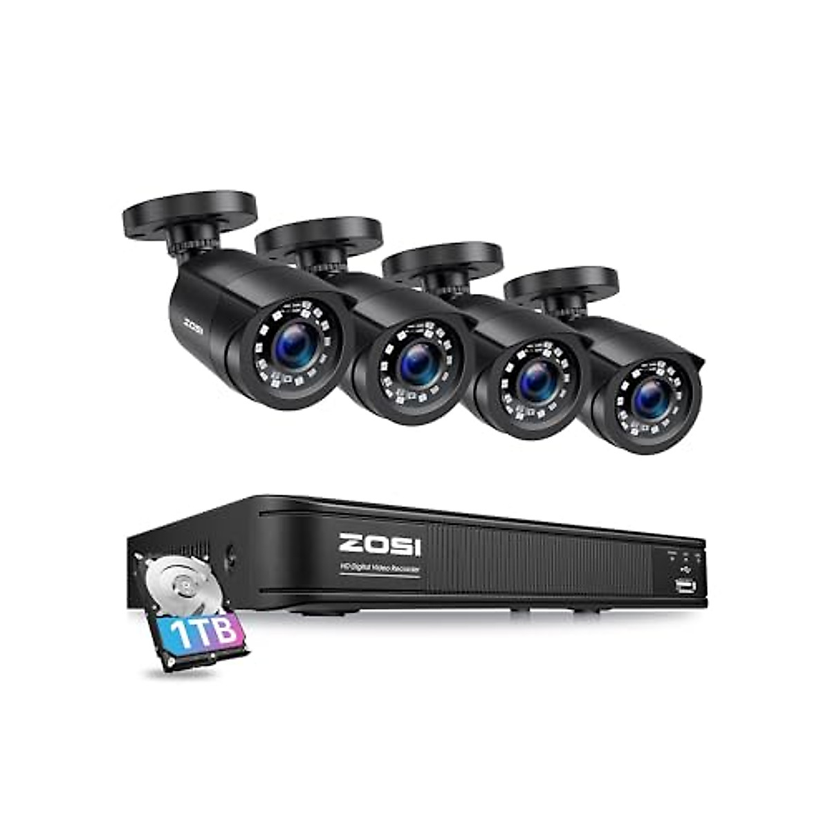 ZOSI 1080P Home Security Camera System, H.265+ 8CH 5MP Lite CCTV DVR Recorder with 1TB HDD and 4 x 1080P Weatherproof Surveillance Bullet Camera Outdoor Indoor, 80ft Night Vision, Motion Alerts
