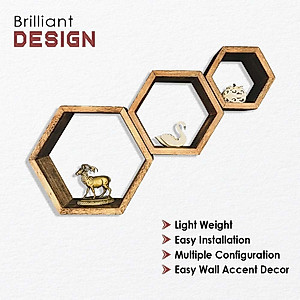 hadaaya Hexagon Shaped Floating Wooden Shelf - Set of 3 for Home Décor