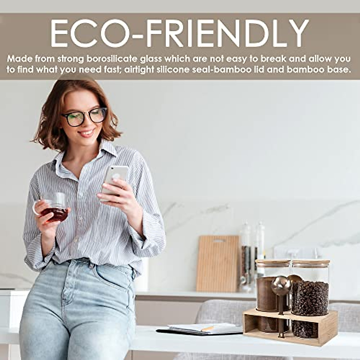 2 PCS Coffee Containers, Sealed Glass Containers with Spoon for Ground Coffee, Beans, Tea, Sugar, Nuts and Loose Tea Storage Jars 2x 45oz