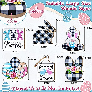 Easter Decorations, 6PCs Easter Tiered Tray Decor, Easter Decor Happy Easter Eggs Bunny Gnome Buffalo Plaid Wood Signs Rustic Spring Farmhouse Easter Decorations for the Home Party Kitchen Table Decor