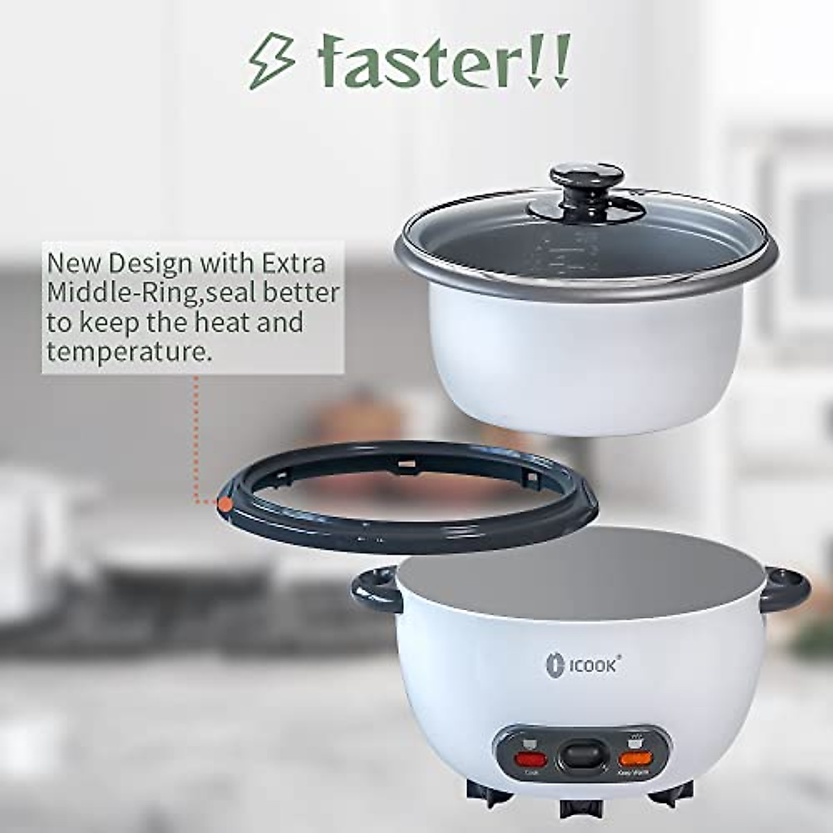 ICOOK 10-Cup Uncooked 20-Cup Cooked Rice Cooker1.8L Grains,Oatmeal,Cereals Cooker,Rice Warmer Steamer,Large Rice Cooker Removable Nonstick Pot,Full View Glass Lid,White