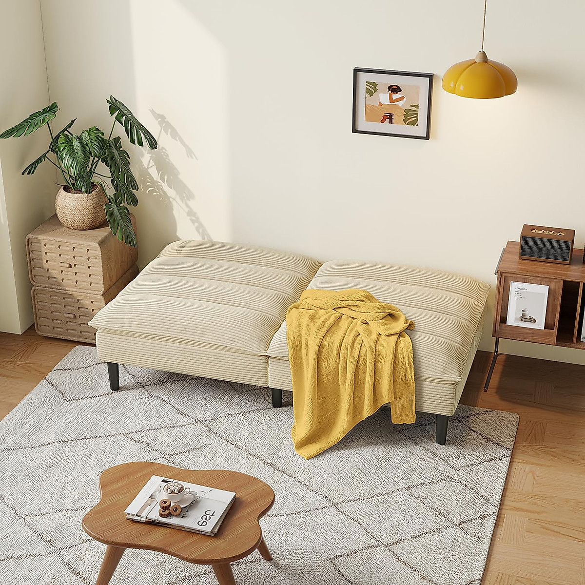 ONBRILL 64" Futon Sofa Bed, Corduroy Sofa Bed Couch with Adjustable Backrest, Convertible Loveseat Sleeper Sofa with Sturdy Wooden Legs, Comfy White Couches for Living Room, Bedroom, Office