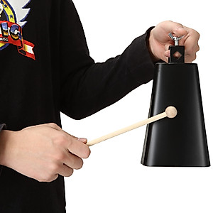 Acrux7 7 Inch Large Cow Bell Noise Makers, Metal Cowbell with Handle and Stick, Hand Percussion Music Cowbell for Sporting Events, Drum Set, Church, Weddings, Beautiful Clear Tapping Sound (Black)