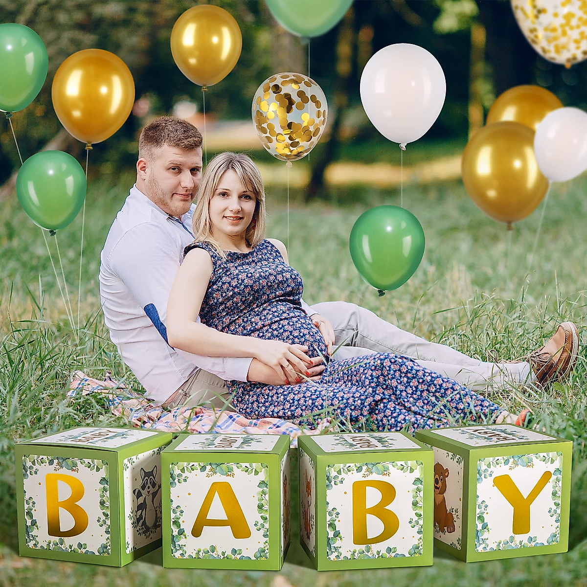 Sage Green Baby Shower Decorations, 4Pcs Neutral Baby Shower Boxes with 92pcs Balloons, Woodland Jungle Theme Baby Shower Decoration Backdrop for Baby Boy Girl Birthday Gender Reveal Party Supplies
