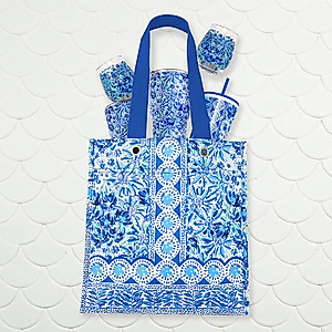 Lilly Pulitzer Blue Double Wall Tumbler with Lid and Reusable Straw, Insulated Travel Cup Holds 24 Ounces, High Manetenance