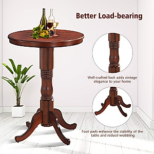 Giantex Round Dining Table, 30" D X 41.5" H, Wooden Pub Pedestal Side Table W/Chessboard, Adjustable Foot Pads, Multi-Purpose Dinner Table for Small Space, Kitchen, Dining Room, Restaurant (Walnut)