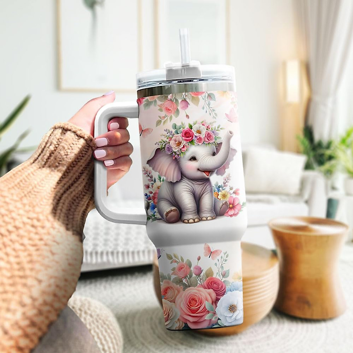 99OWL Elephant Gifts, Women Tumblers Yellow For Cute Flower Butterfly Coffee Handle Cups, Elephant Floral Just A Girl, Tumbler 40 Oz With Handle Lid And Straw