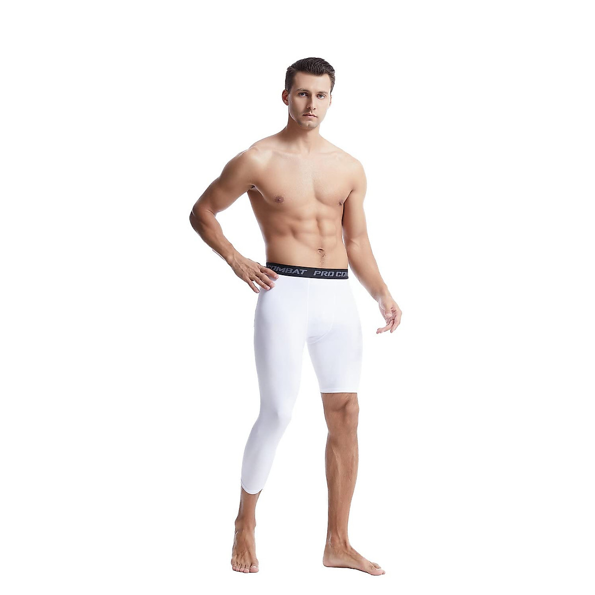 The New Men's Basketball single leg tight sports pants 3/4 One Leg Compression Pants Athletic Base Layer Underwear (Medium, White-1)