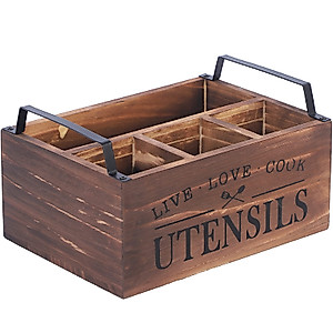 Rustic Utensil and Napkin Holder with Metal Handles Silverware Caddy Farmhouse Wooden Flatware Organizer Cutlery Crock Storage for Kitchen Decor Countertop Cooking Tools Storage Entertaining Picnics